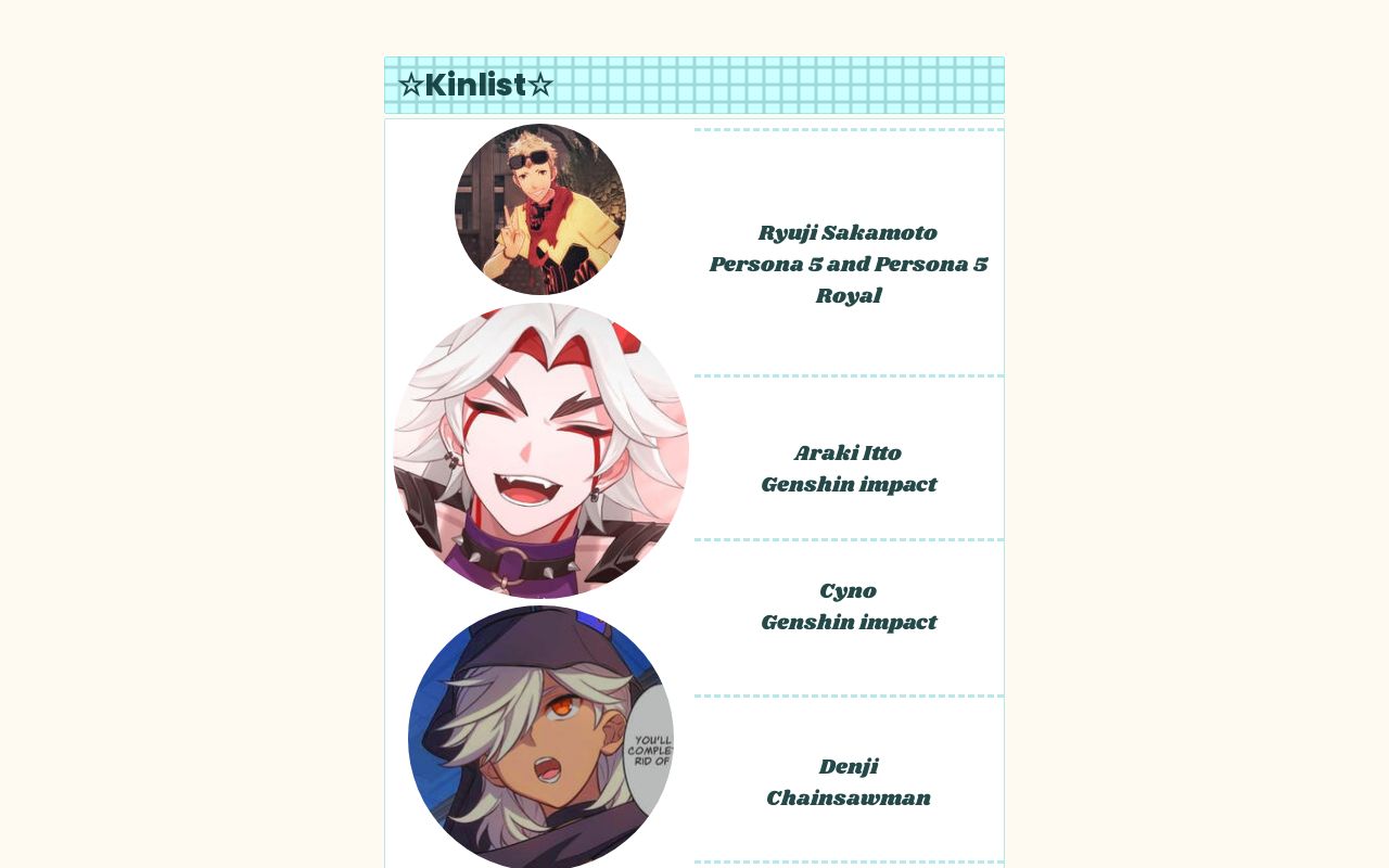 Kinlist for peachtrap carrd